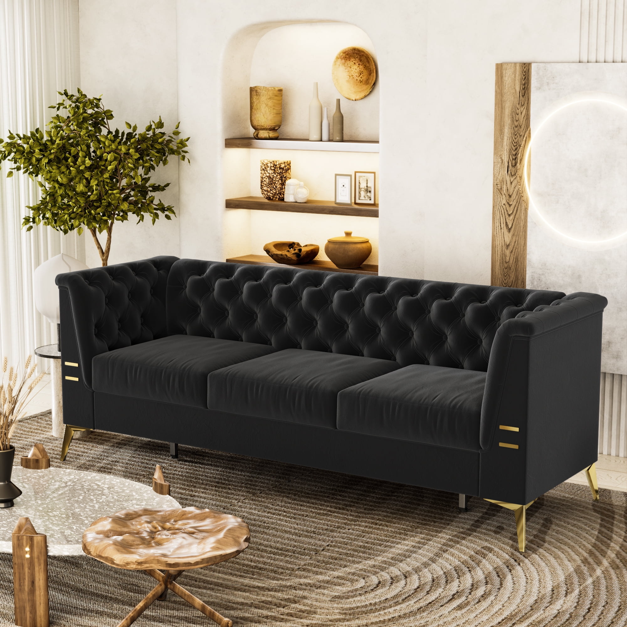"Black Stylish Fabric Velvet Sofa, 82"" 3-Seat Couch with Gold Metal ...