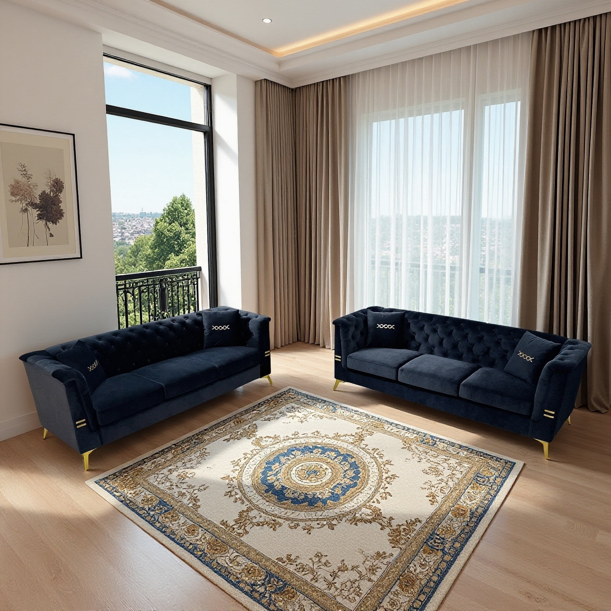 Black Velvet Sofa Set of 2, Two Modern 3-Seater Sofas with Plush ...