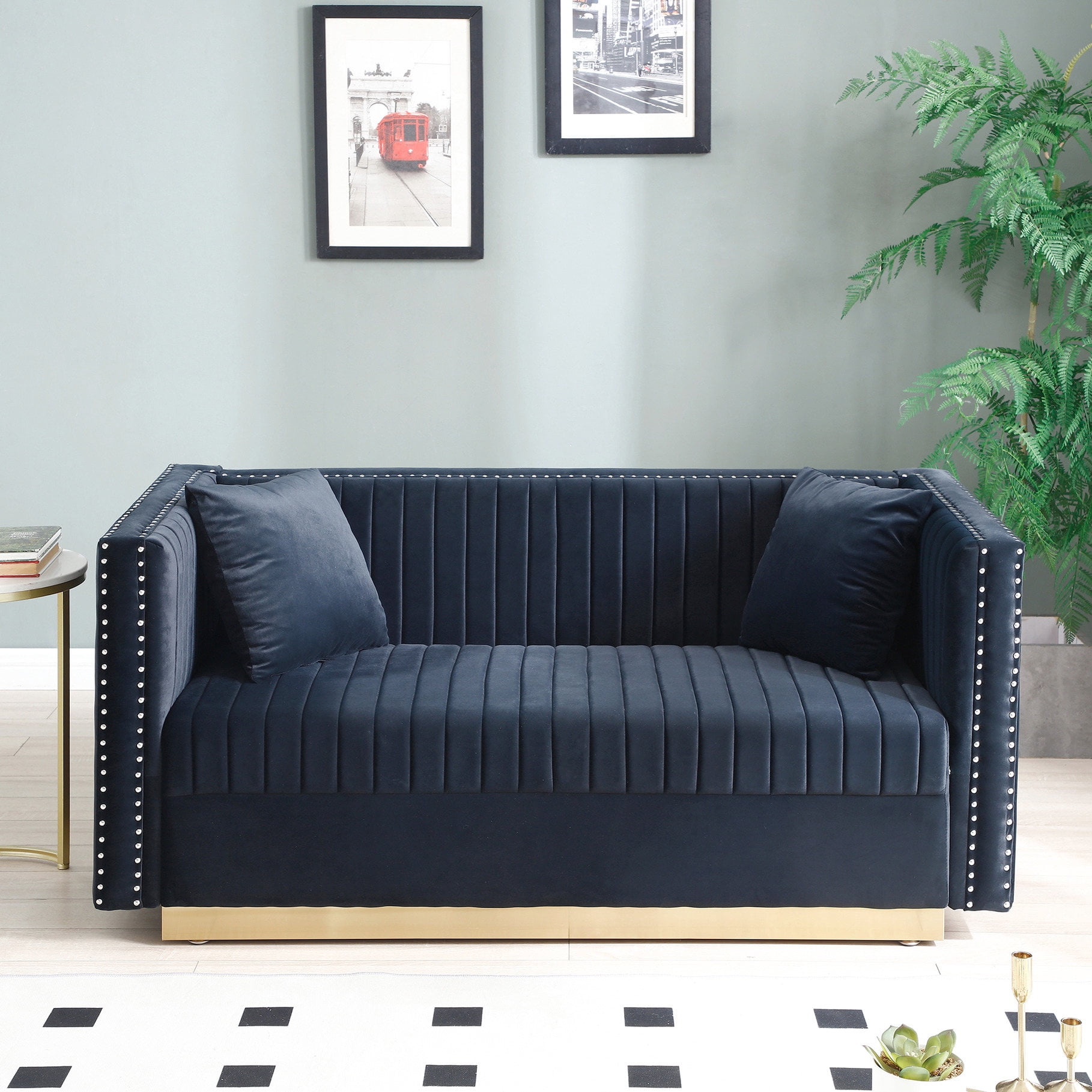 Black Velvet Sofa with Interior Vertical Channel Tufting - Adds Luxury ...