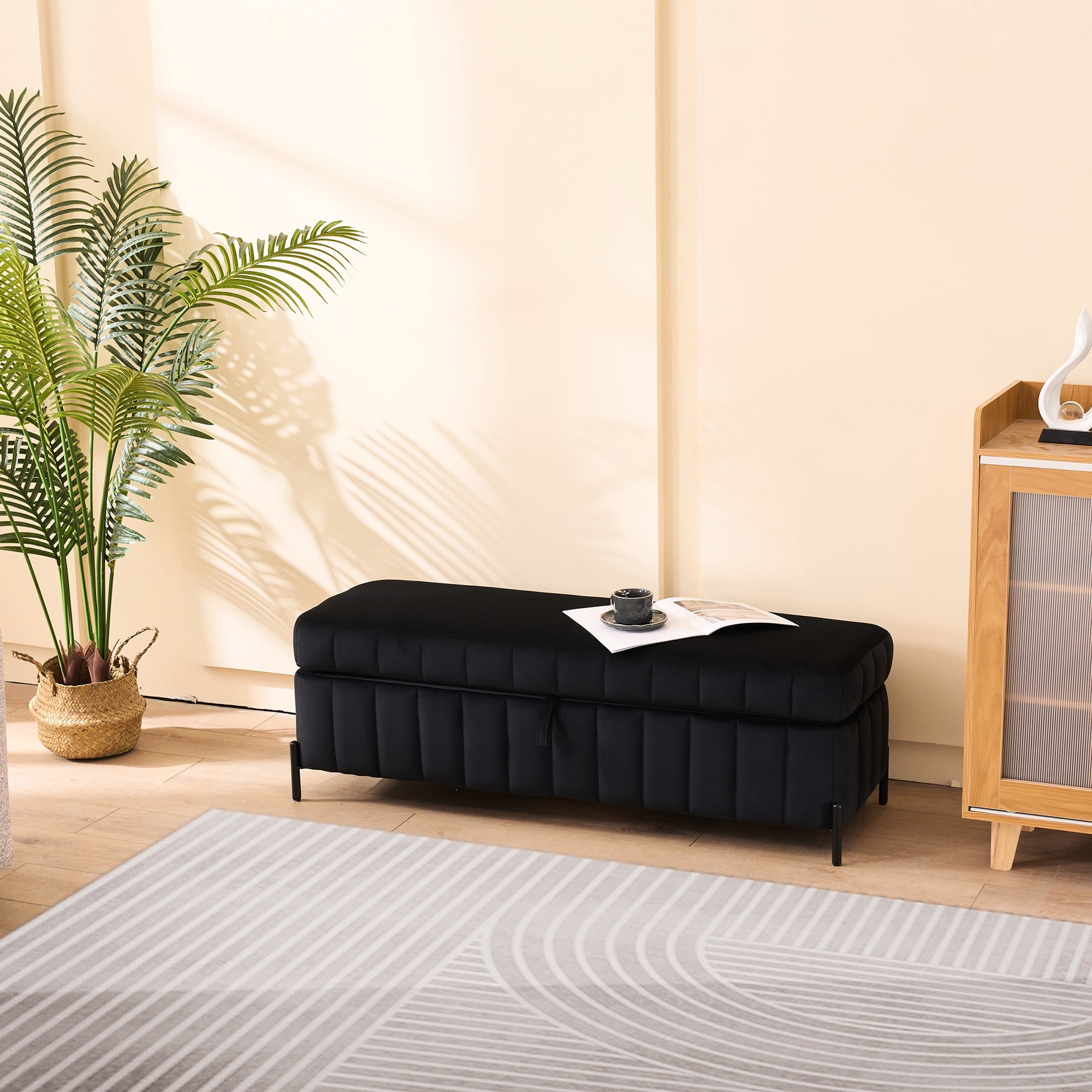 Black Velvet Storage Soft Bench, 49.21" Wide. For Living, Bedroom ...