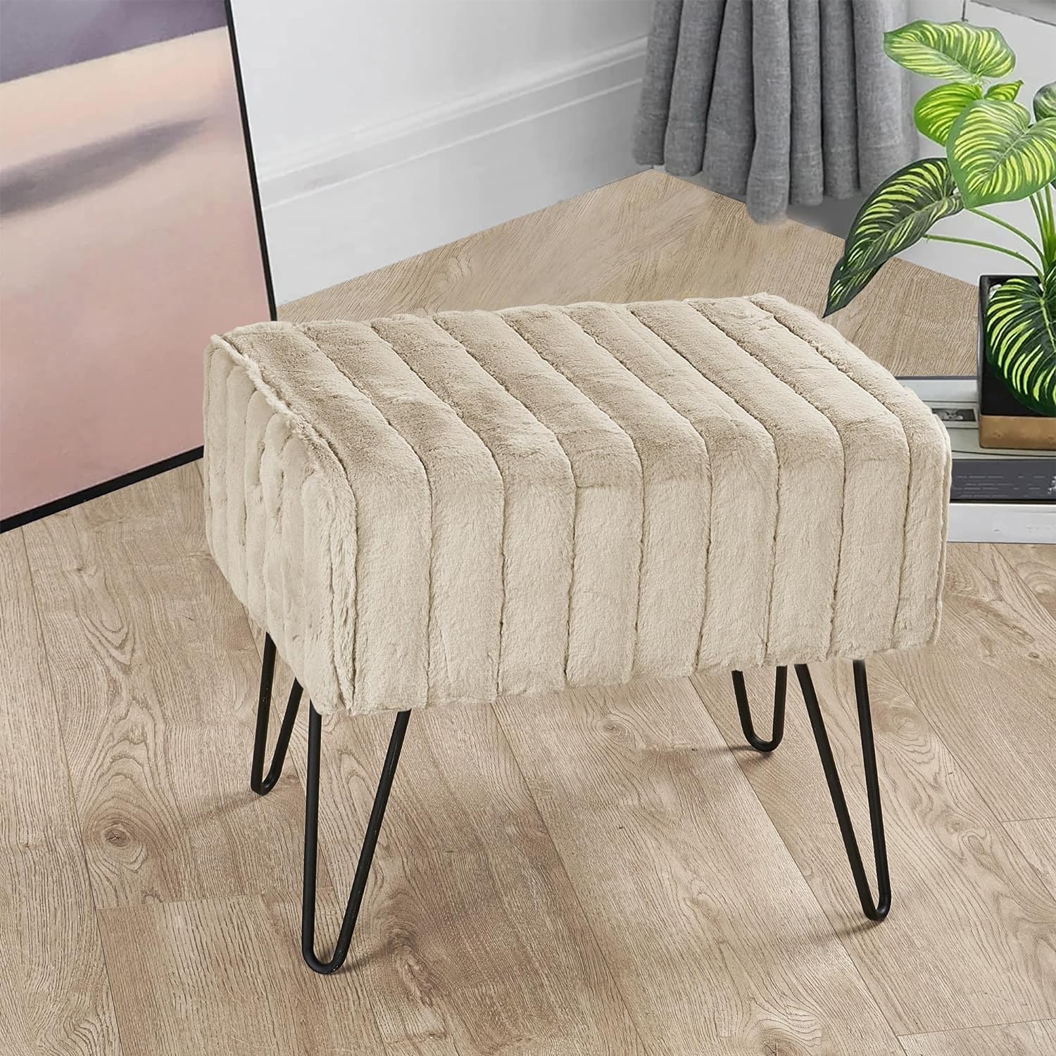 Black Velvet Tufted Ottoman Entryway Bench 19.5"x12.5"x17"H Comfy Furry ...