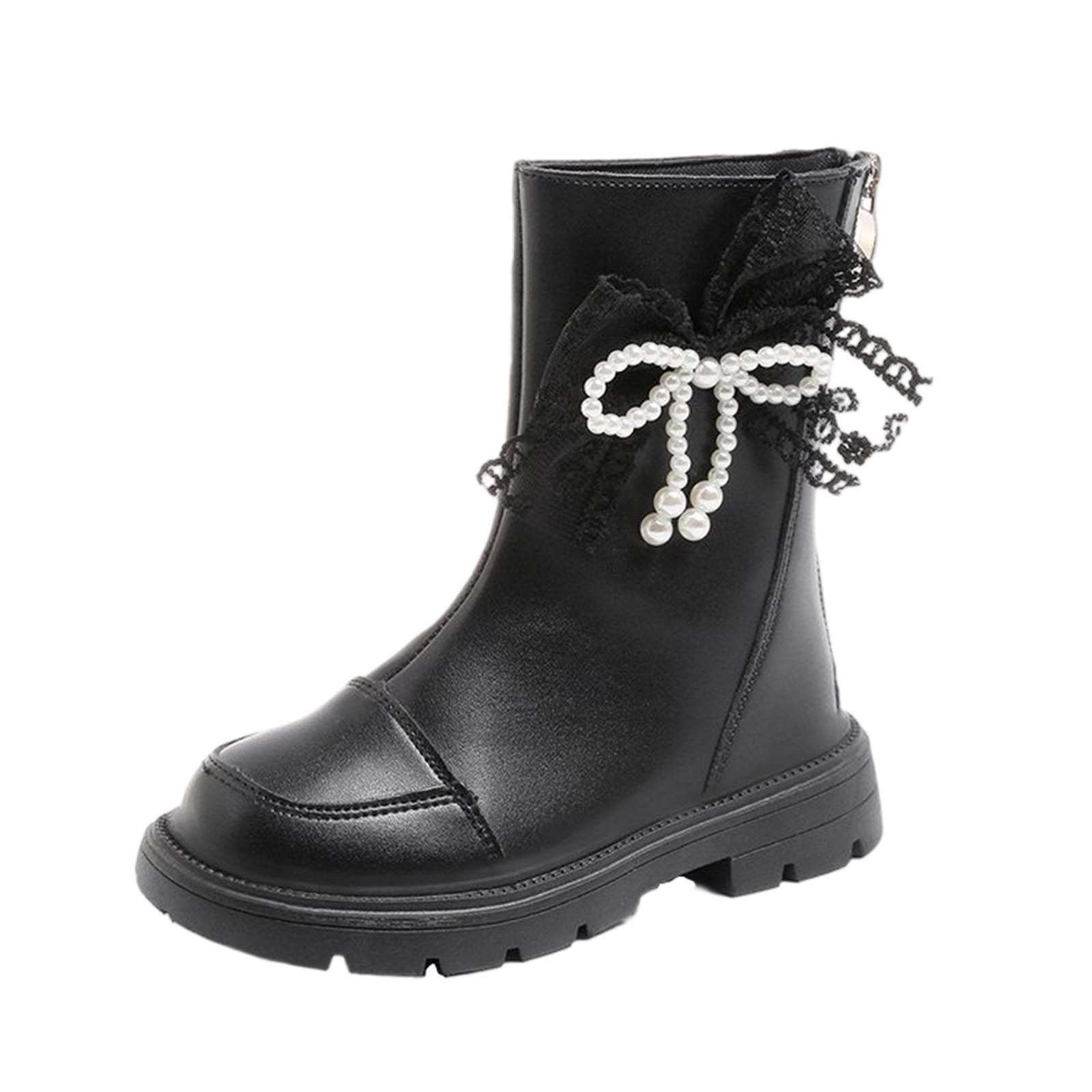 Black Versatile Girls Boots With A Decorative Bow And Flexible Sole ...