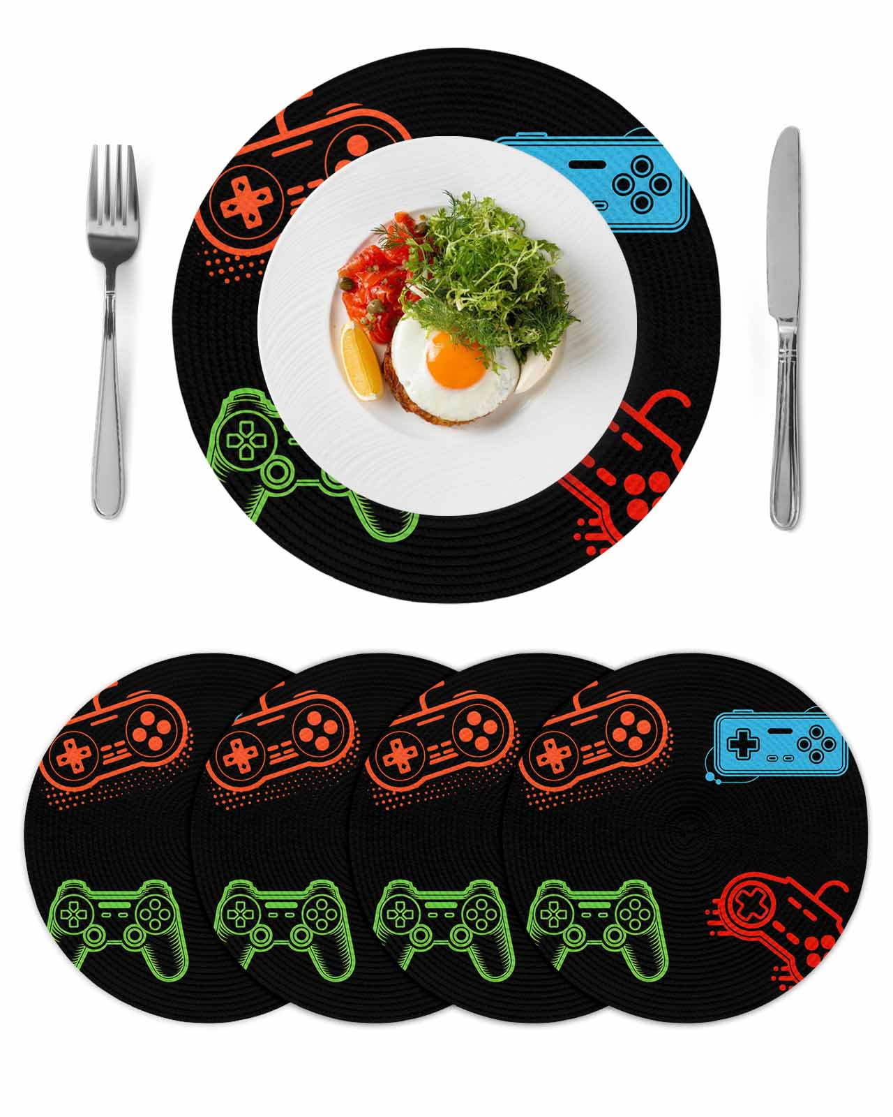 Black Video Game Themed Round Table Placemats set of 4, Gamer Game ...