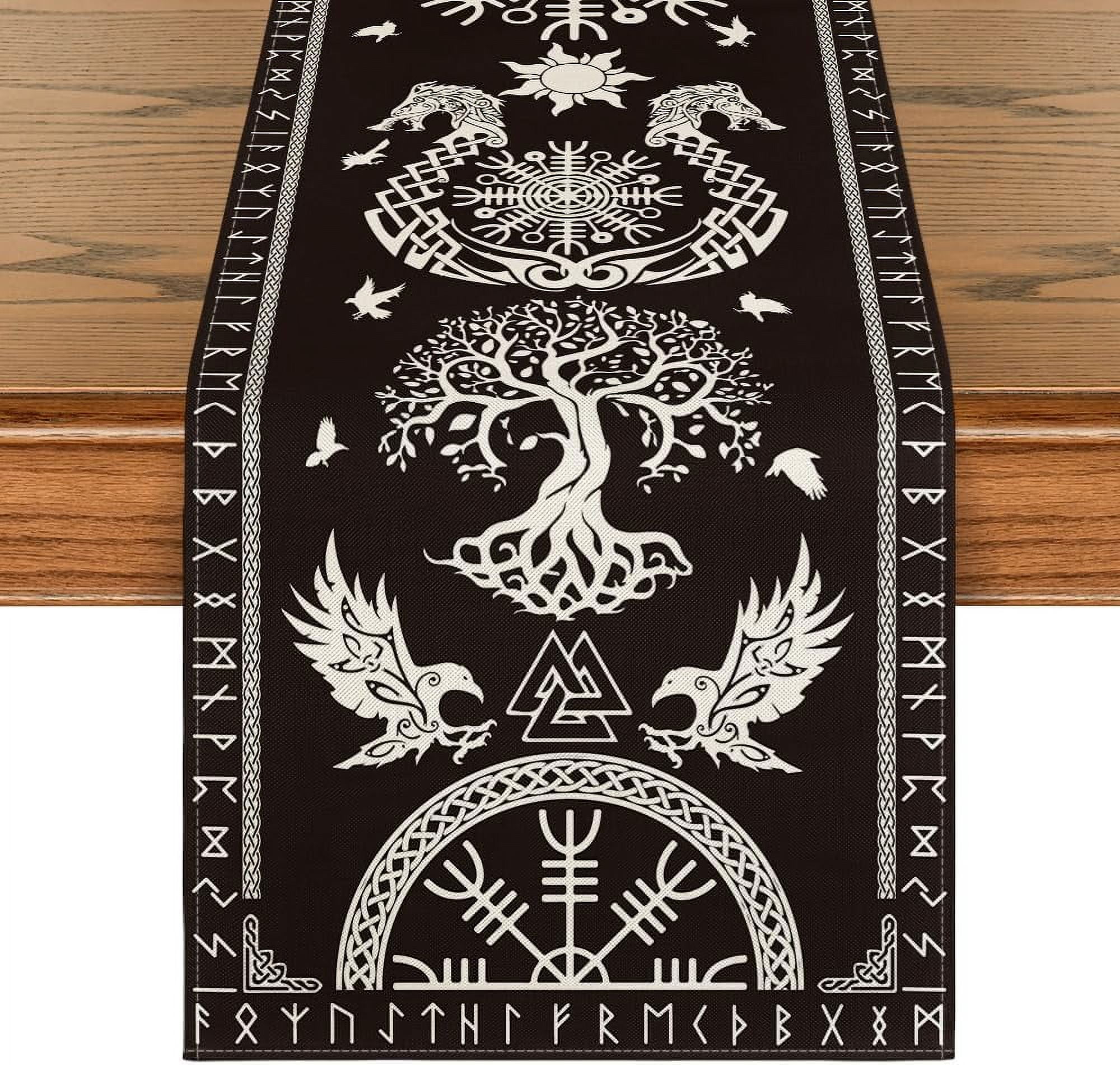 Black Viking Raven Helmet of Awe Linen Table Runner Seasonal Farmhouse ...
