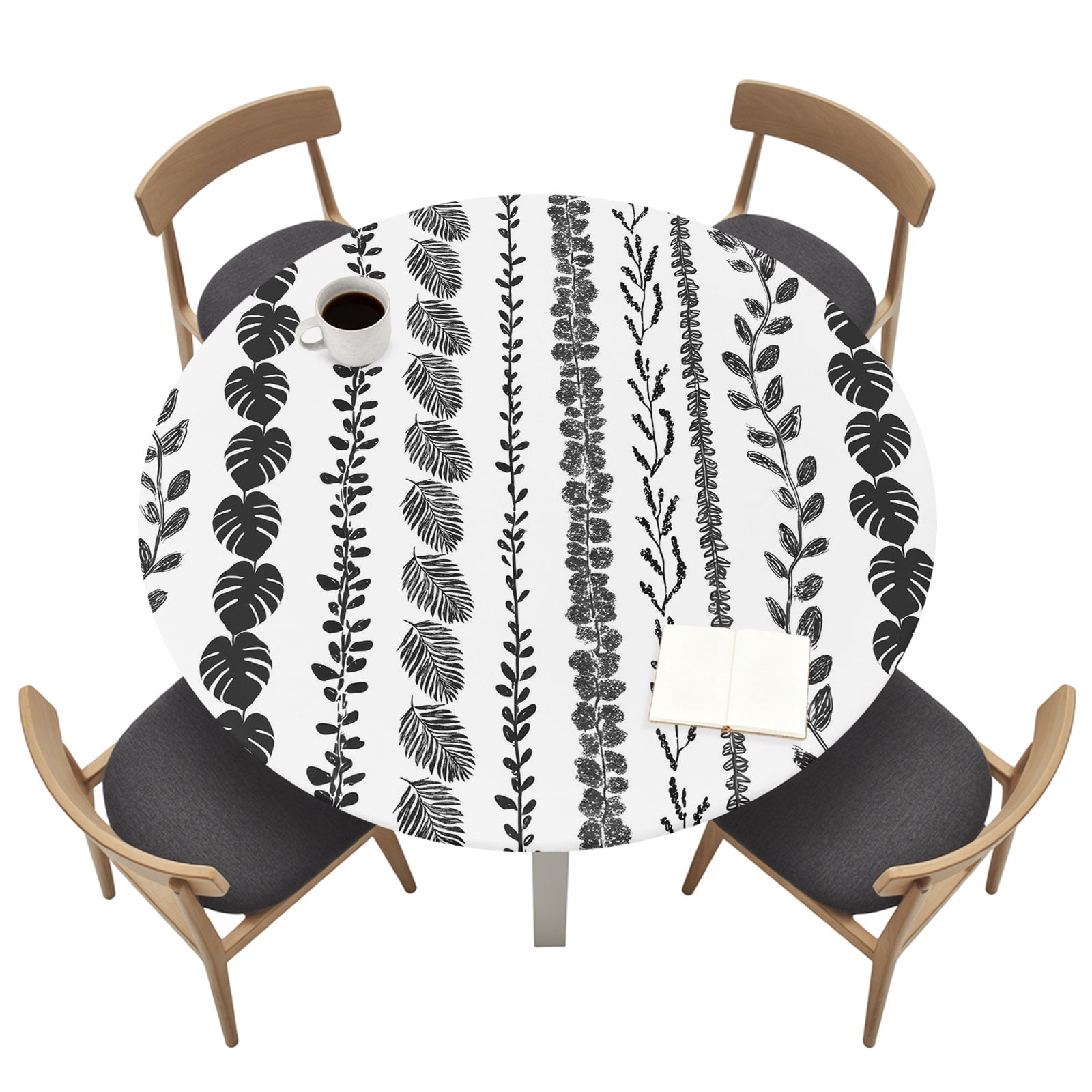 Black Vines Round Fitted Tablecloth with Elastic Edged, White ...