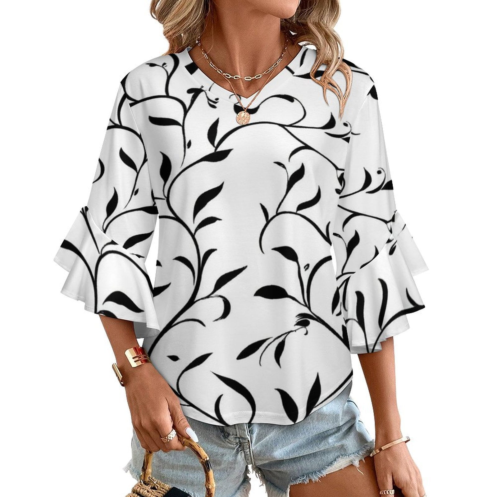 Black Vines White Background Elegant Pattern Women's V-Neck Blouse With 3/4 Ruffled Bell Sleeves ...