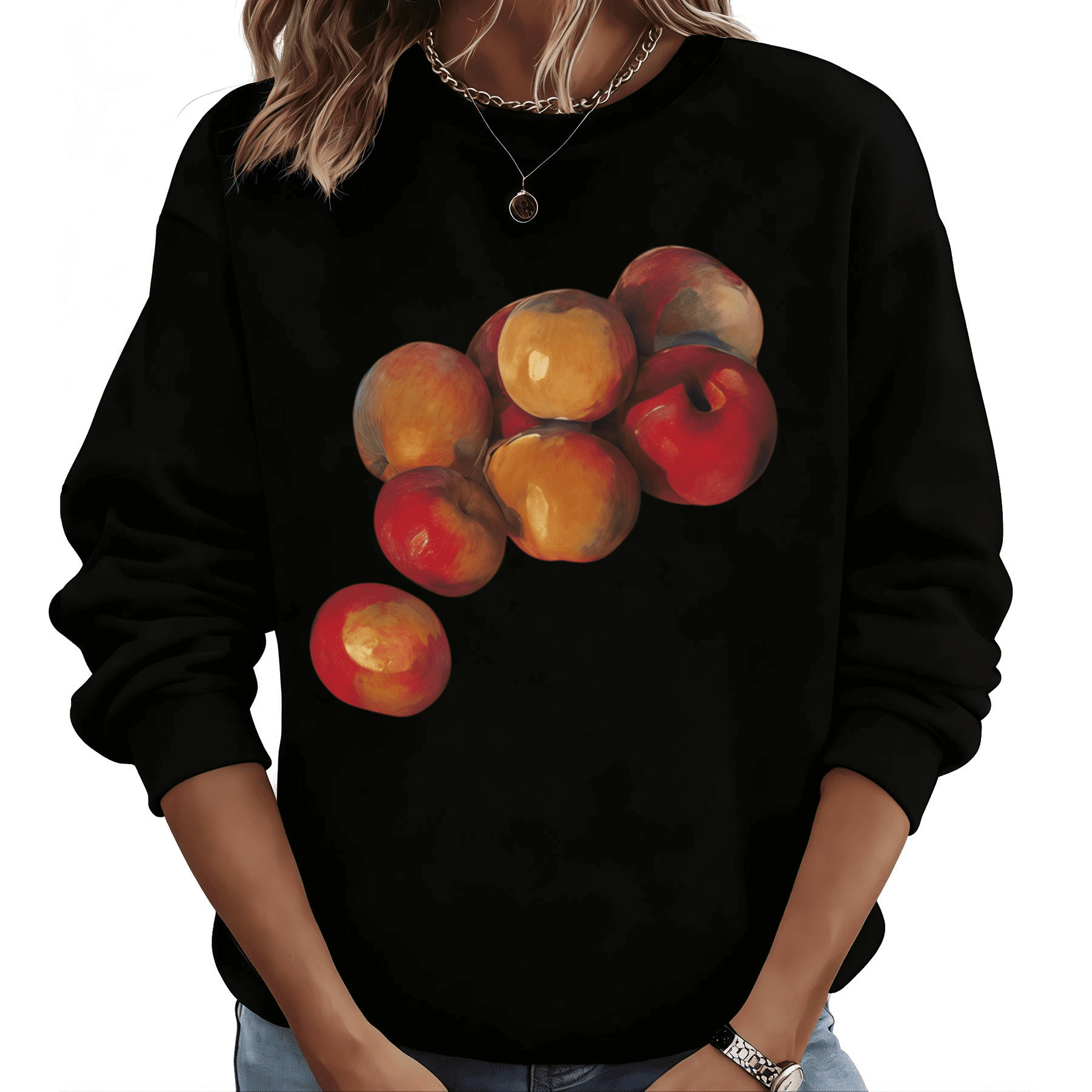 Black Vintage Apple Sweatshirt Women Classic Still Life Art Graphic S ...