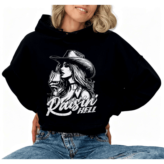Black Vintage Cowgirl With Wine Glass Print Hoodie Graphic Sweatshirt S ...
