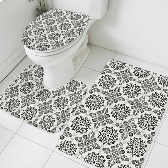 Black Vintage Floral Bathroom Rugs Set Country Retro Exotic Farmhouse ...