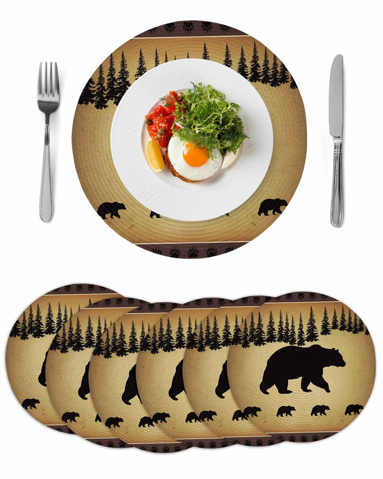 Black Vintage Forest Bear Round Table Placemats set of 6, Country ...