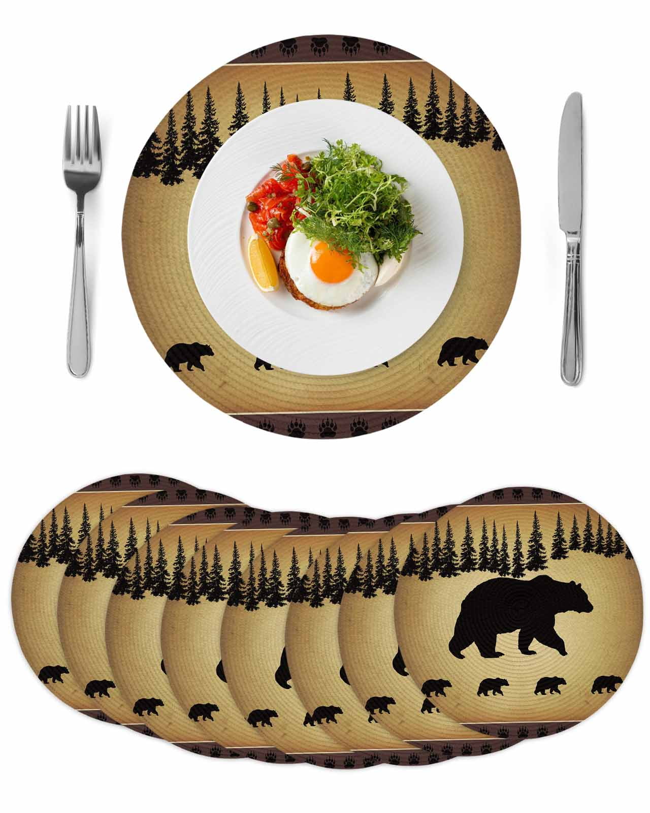 Black Vintage Forest Bear Round Table Placemats set of 8, Country ...