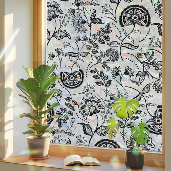 Black Vintage Pastoral Flowers on Linen Window Privacy Film, Rainbow ...