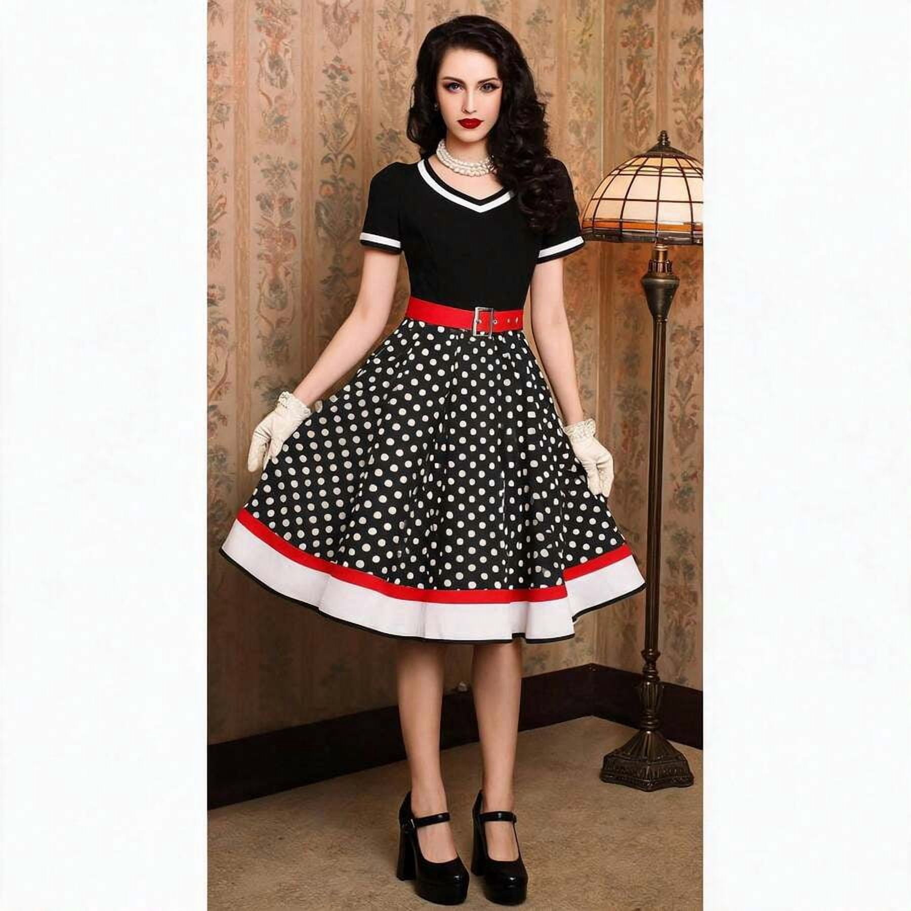 Black Vintage Polka Dot A-Line Midi Dress With V-Neck, Short Sleeves ...