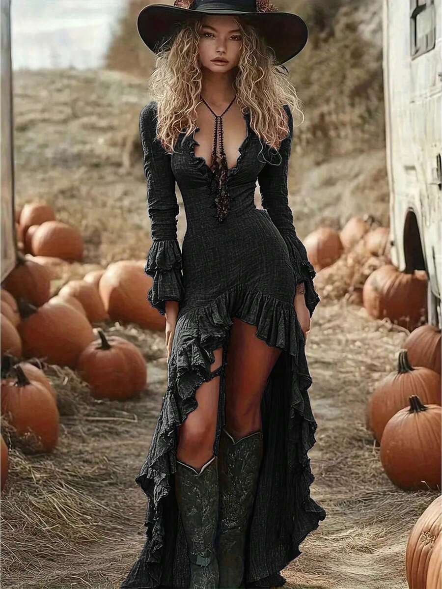 Black Vintage Ruffle Hem Maxi Dress - Long Sleeve V-Neck Asymmetrical ...