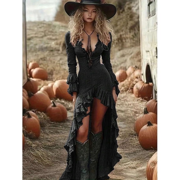 Black Vintage Ruffle Hem Maxi Dress - Long Sleeve V-Neck Asymmetrical ...