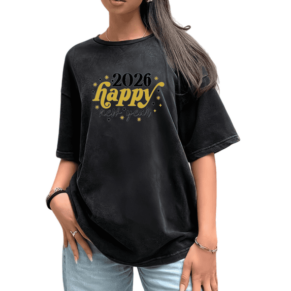 Black Vintage Washed 2026 Happy New Year Gold Script Star Pattern ...