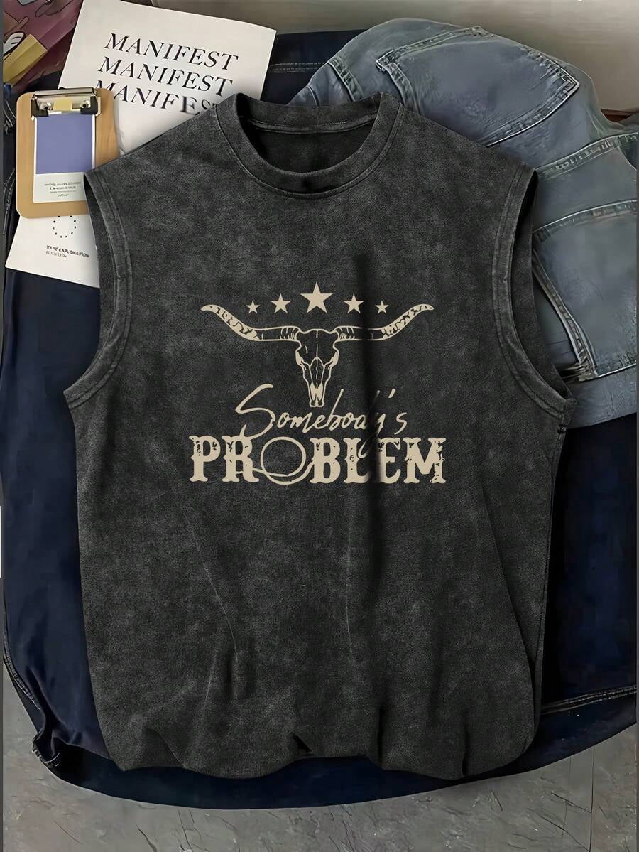 Black Vintage Washed Cotton Tank Top With Longhorn Skull Graphic Print ...