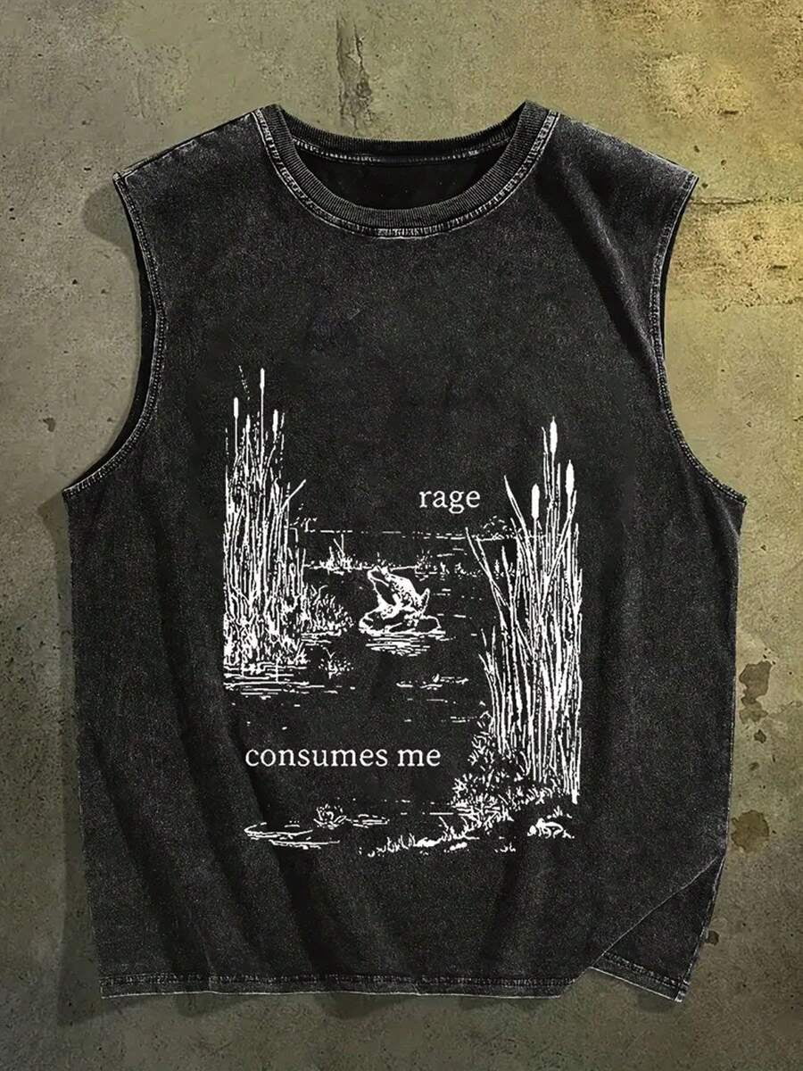 Black Vintage Washed Denim Muscle Vest With Frog Graphic Print, Crew ...