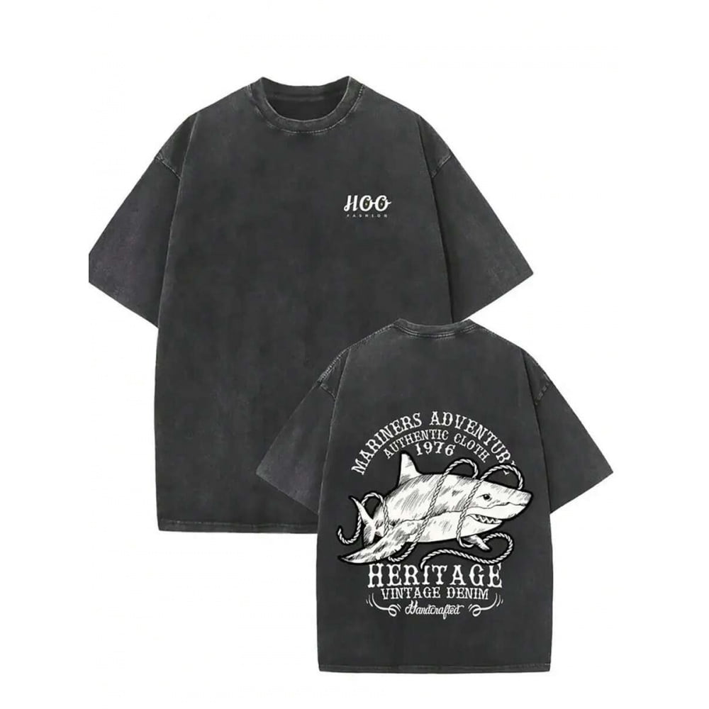 Black Vintage Washed Faux Denim Shark Graphic T-Shirt, Crew Neck, Loose ...