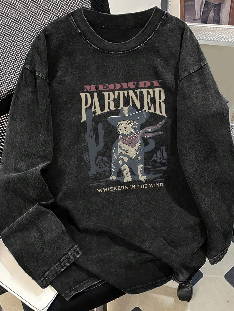 Black Vintage Washed Long Sleeve Graphic T-Shirt - Oversized Crew Neck ...
