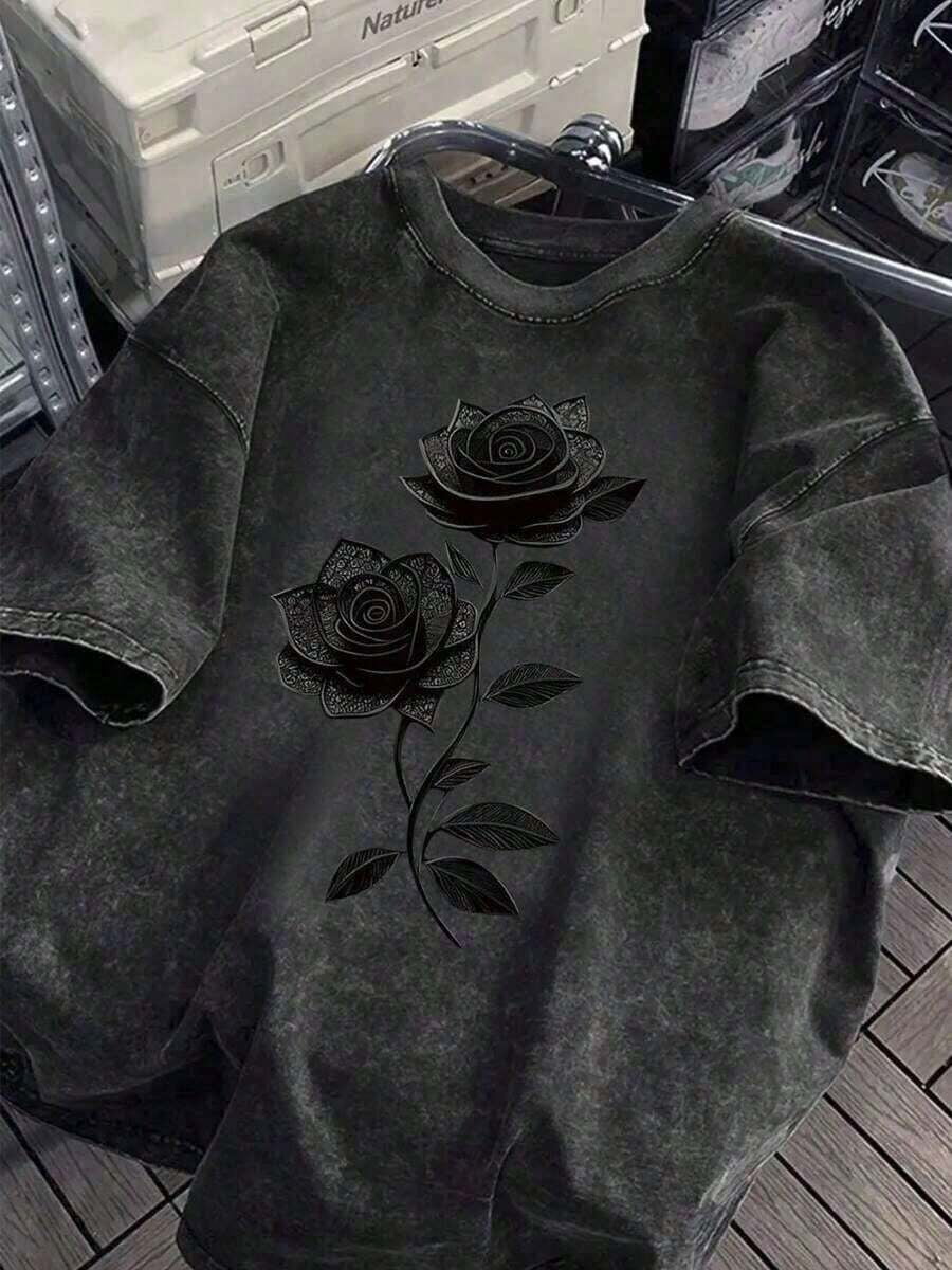 Black Vintage Washed Oversized Cotton T-Shirt With Laser-Cut Rose Print ...
