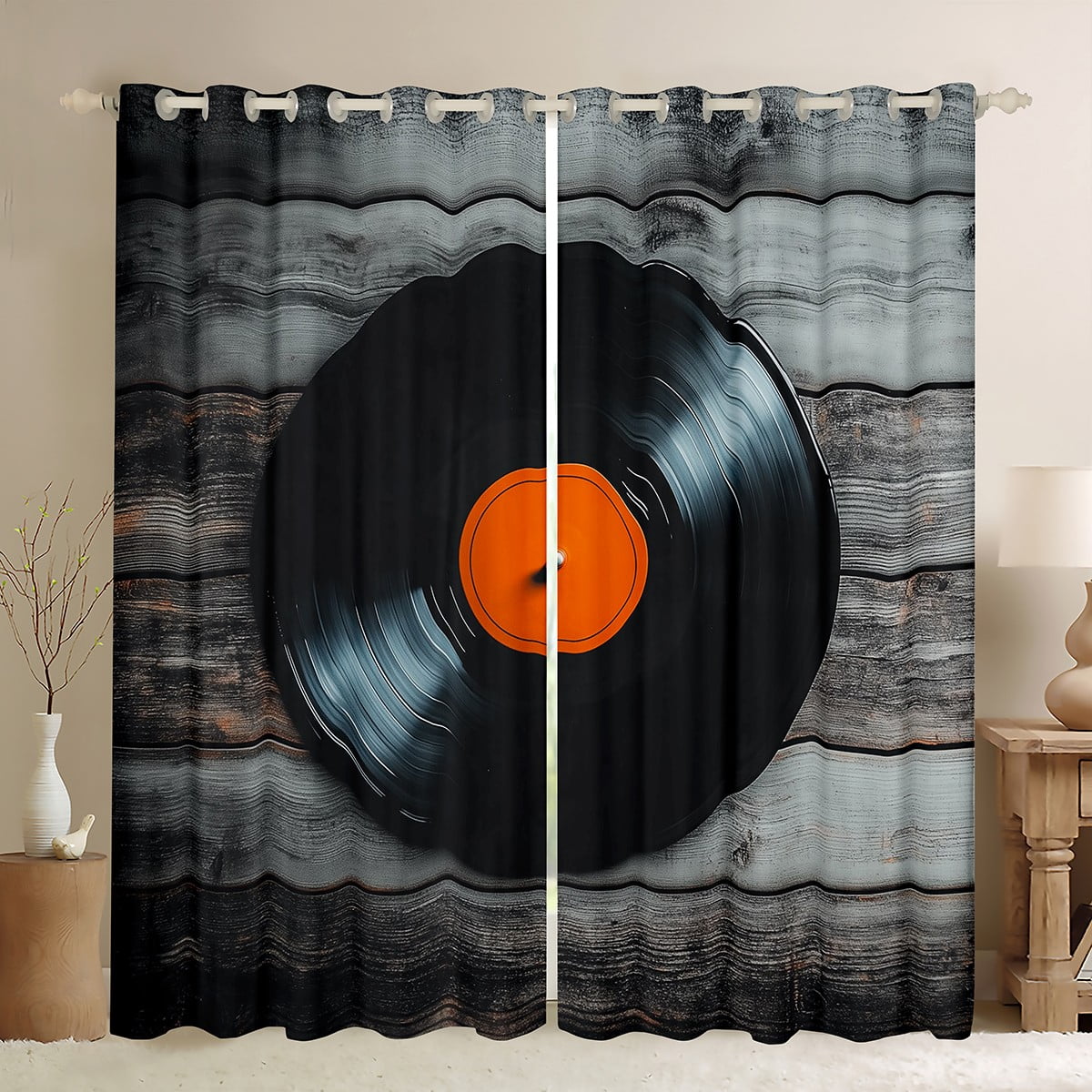 Black Vinyl Records (38Wx54L) 2 Panels Curtains Vintage Cb Disc Print ...