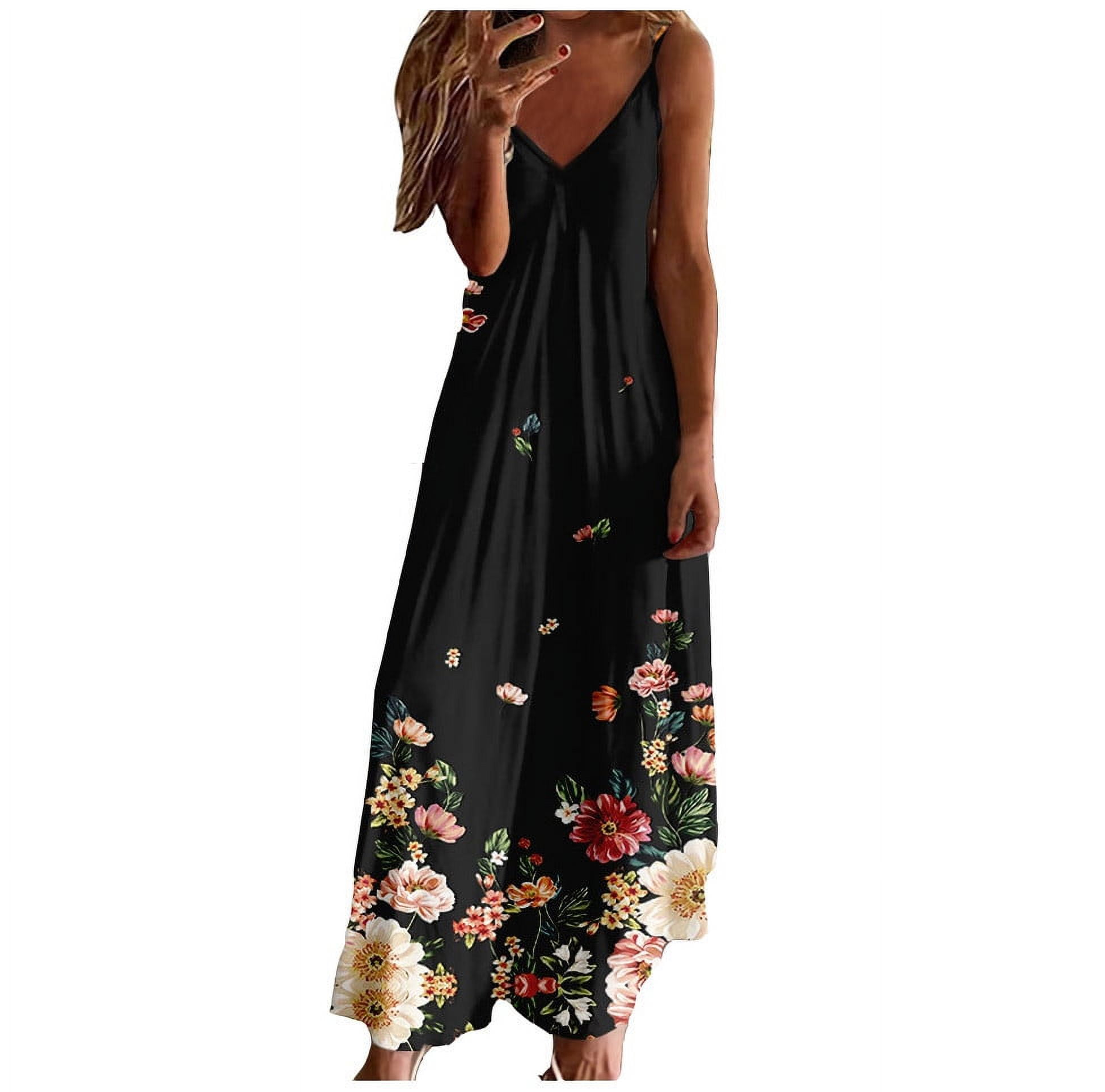 Black Vneck Sun Dresses for Women Summer Fall Sleeveless Slip Floral ...