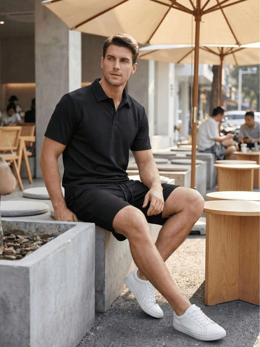 Black Waffle Knit Polo Shirt And Shorts Set Mens Casual 2-Piece Outfit ...