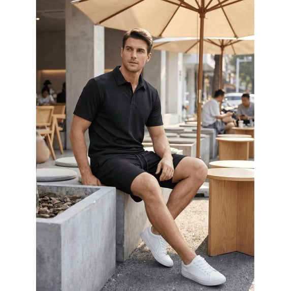 Black Waffle Knit Polo Shirt And Shorts Set Mens Casual 2-Piece Outfit ...