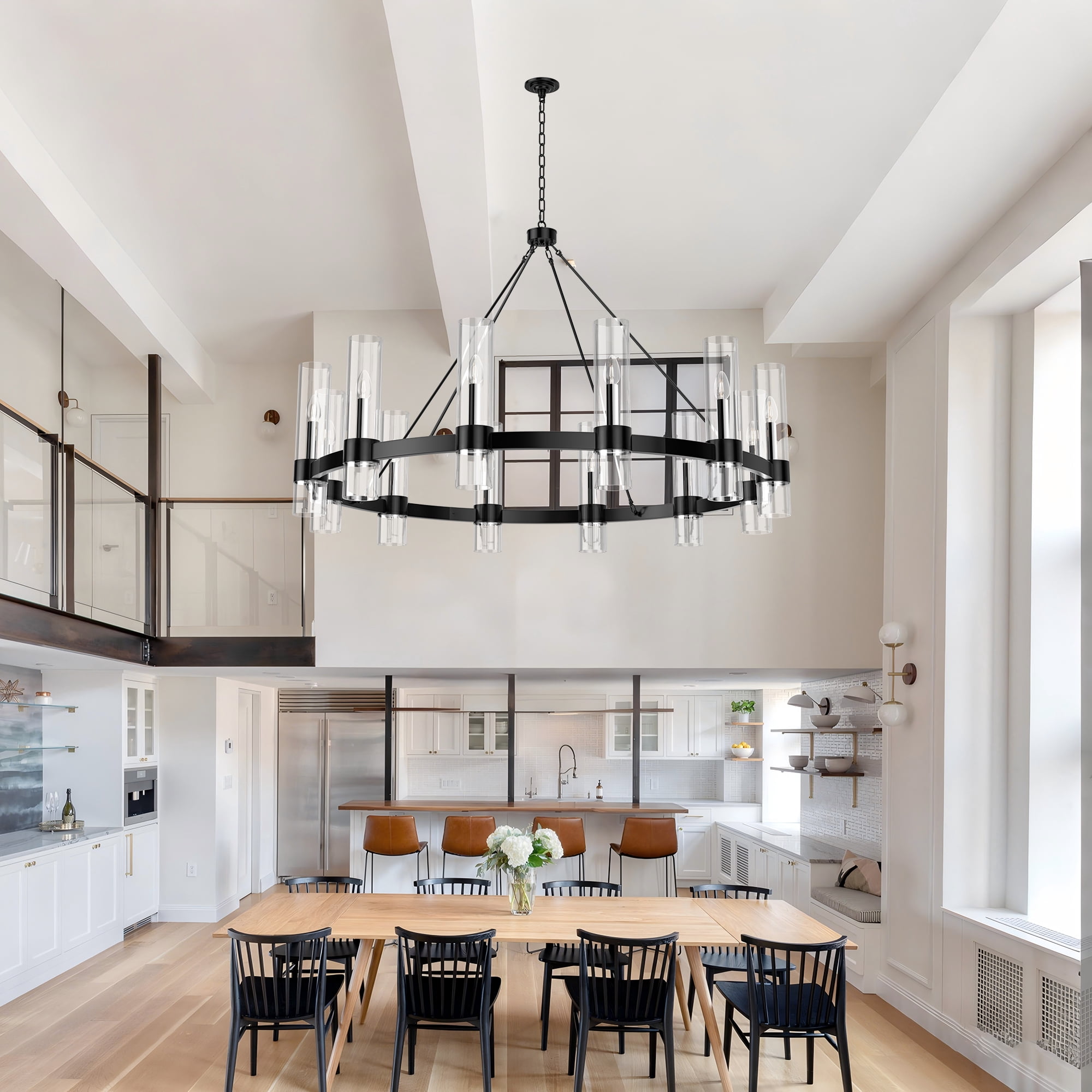 Black Wagon Wheel Chandelier - Adjustable Farmhouse Ceiling Light with ...