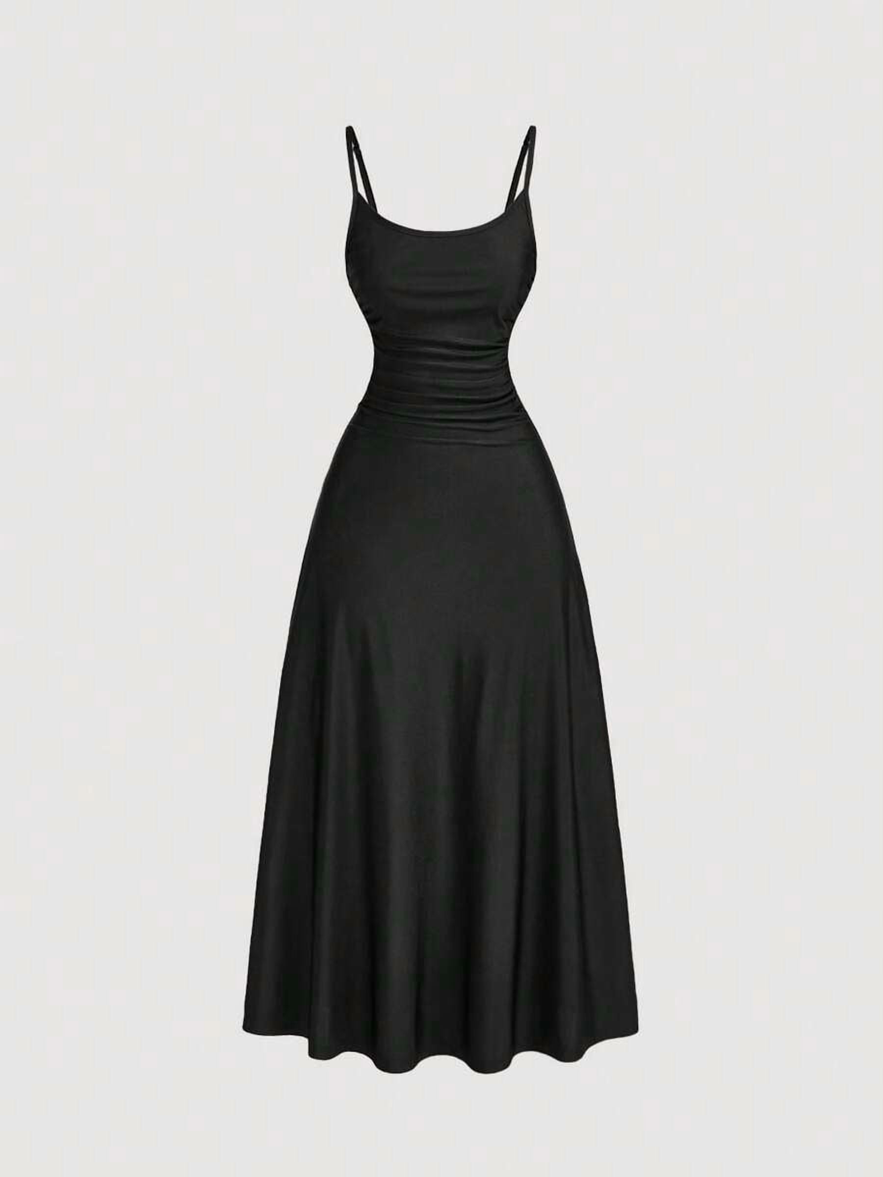 Black Waist Ruched A-Line Slip Dress For Women, Tea-Length Summer Swing ...