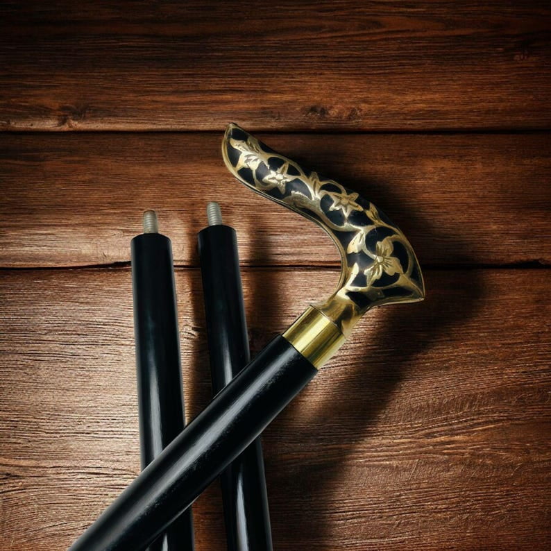 Black Walking Cane with Brass Floral Handle – Detachable Travel Stick ...