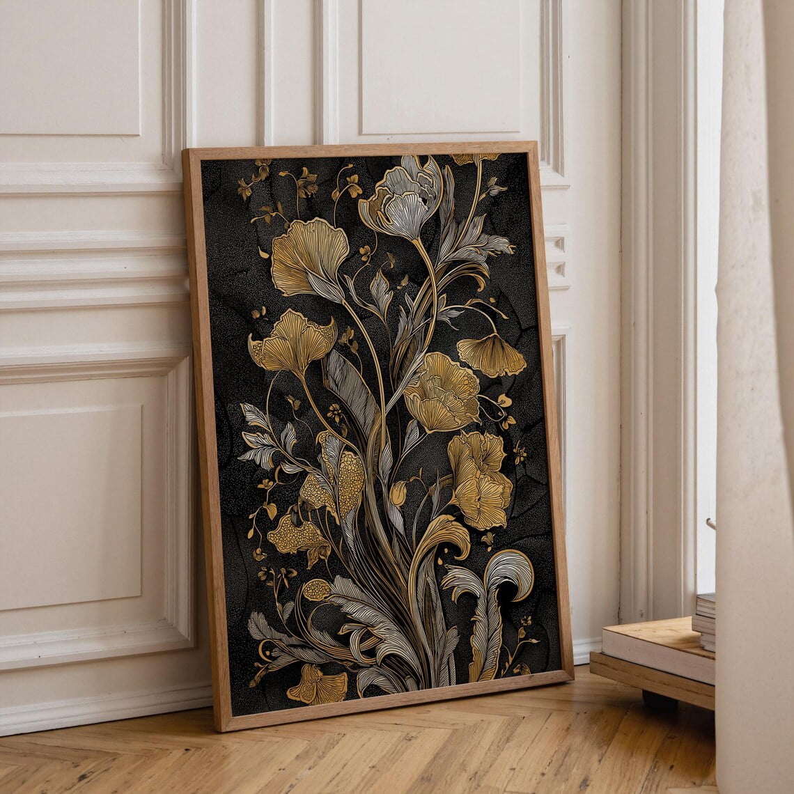 Black Wall Art, Gold Botanical Print, Luxury Floral Wall Decor, Vintage ...