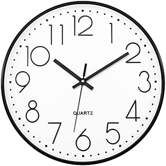 Black Wall Clock 12 Inch Silent Non Ticking Quartz Battery Operated ...