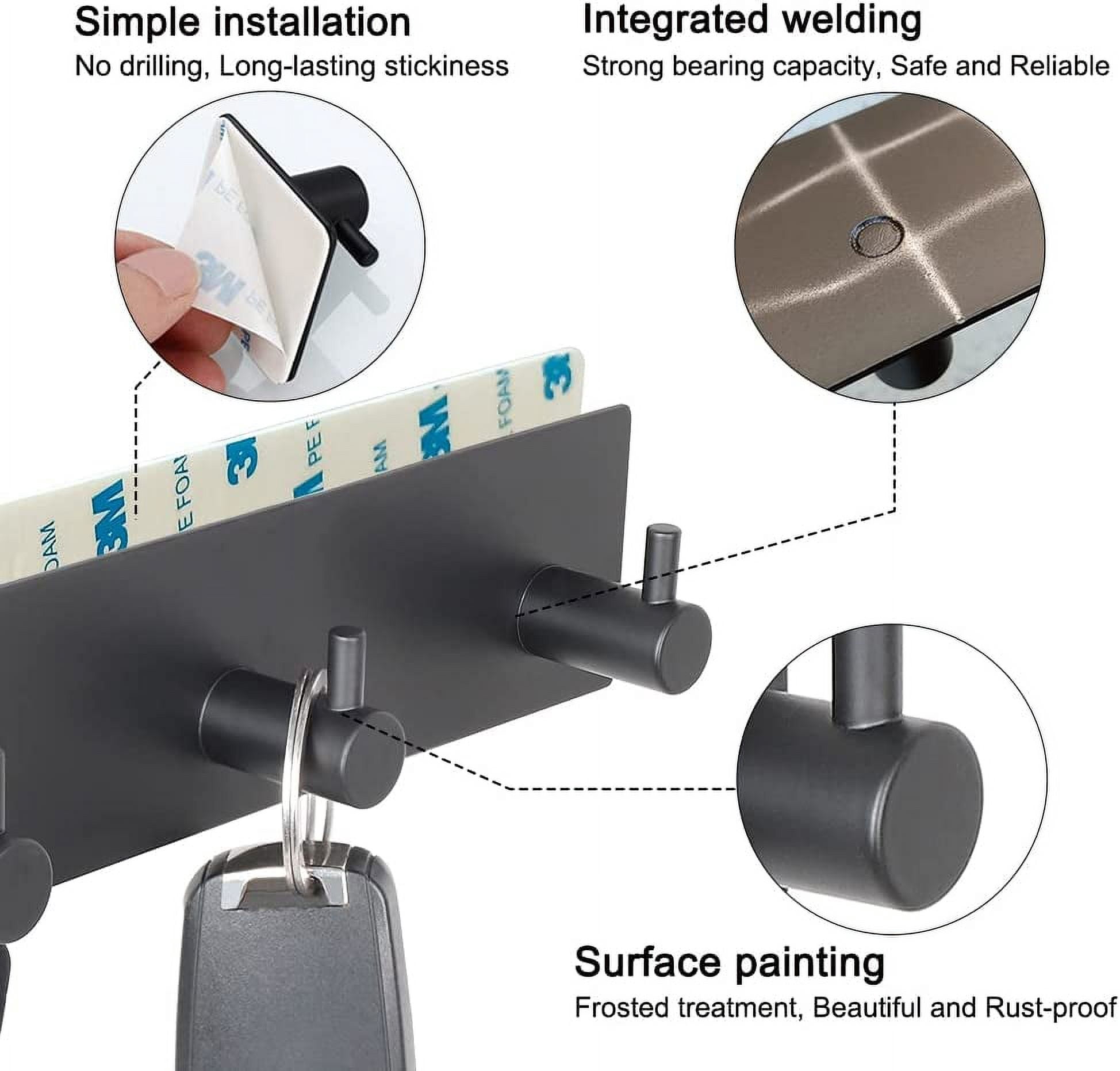 Black Wall Key Holder with 3 Hooks, No-Damage Self-Adhesive Key Rack ...