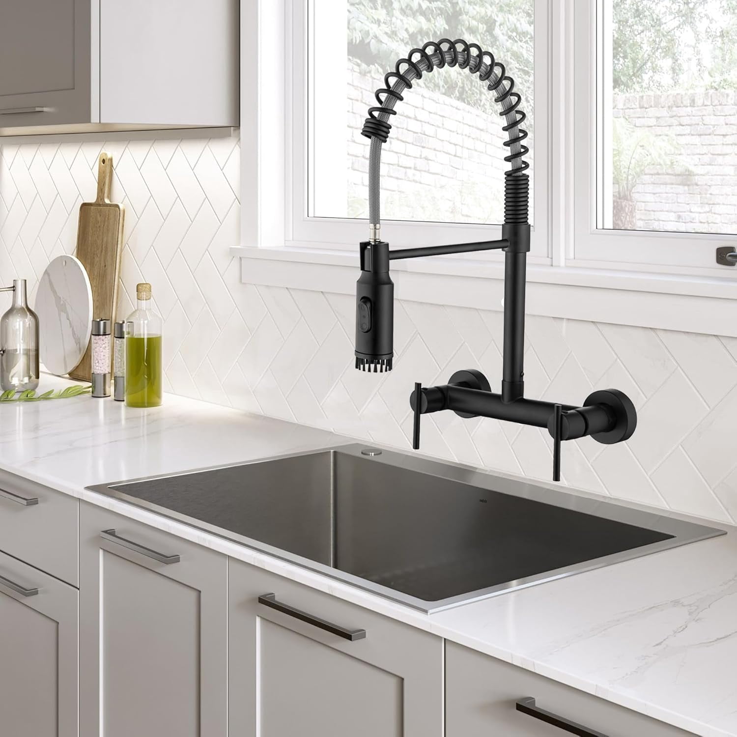 Black Wall Mount Kitchen Faucet, 2 Handle 8 Inch Center Wall Mounted ...