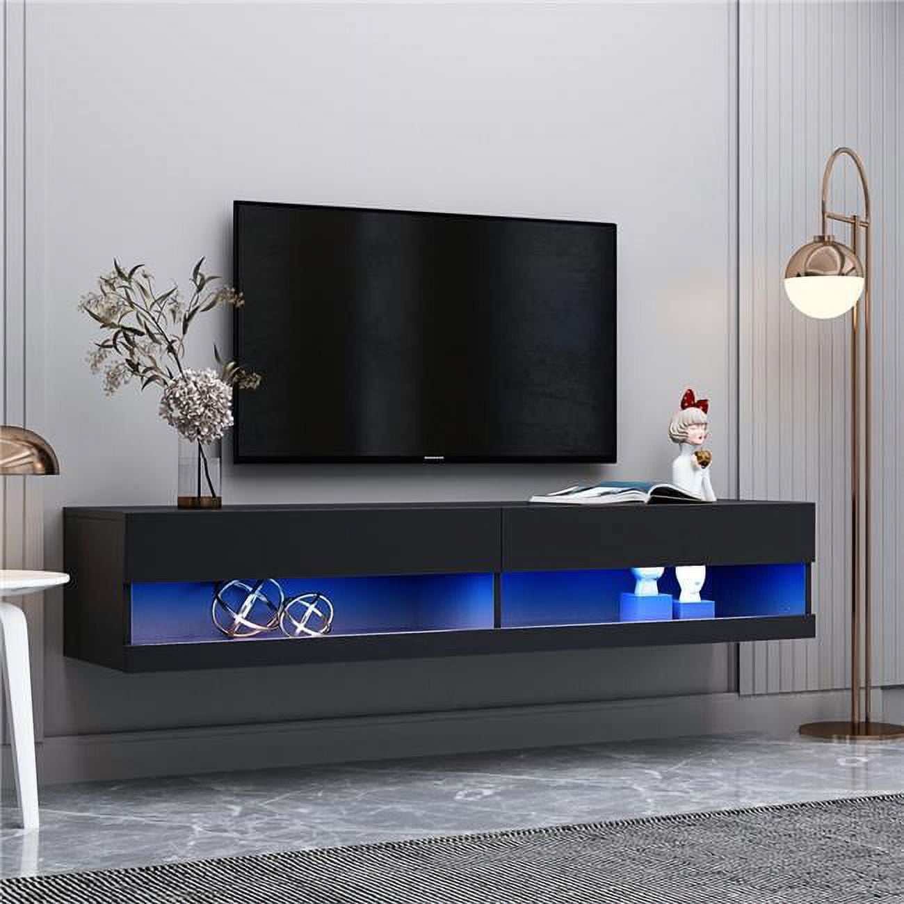 Black Wall Mounted Floating 80' TV Stand with 20 Color LEDs, Media ...