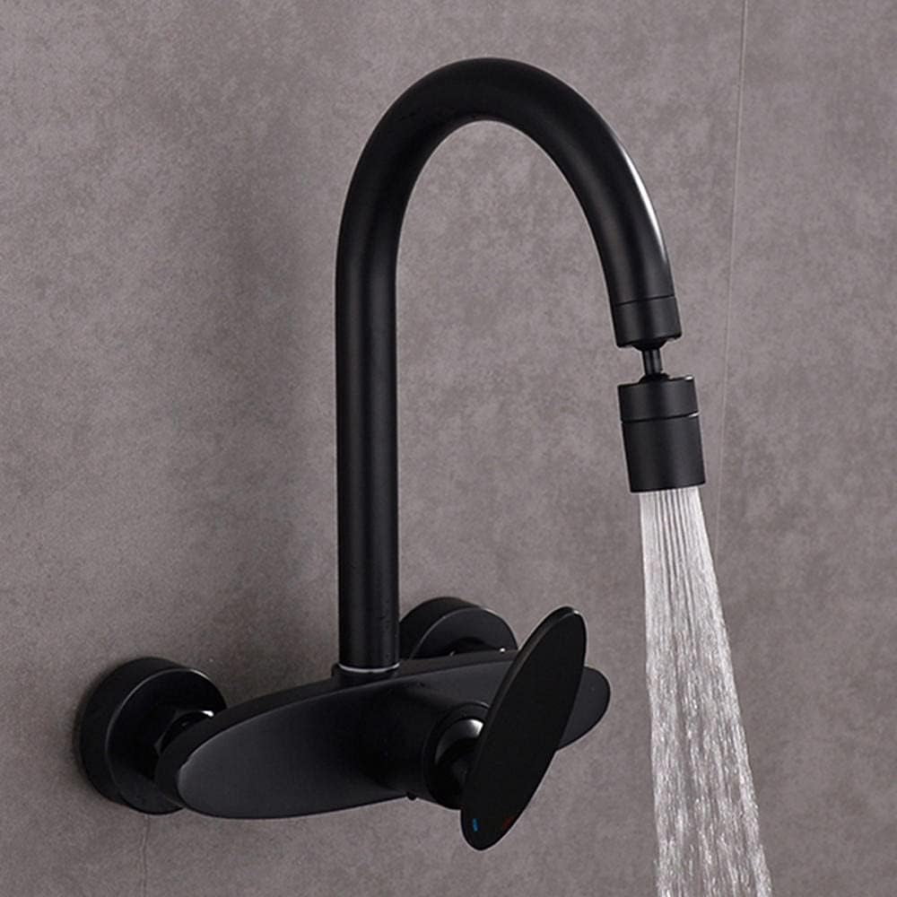 Black Wall Mounted Kitchen Faucet Brass Double Hole Hot and Cold Water ...