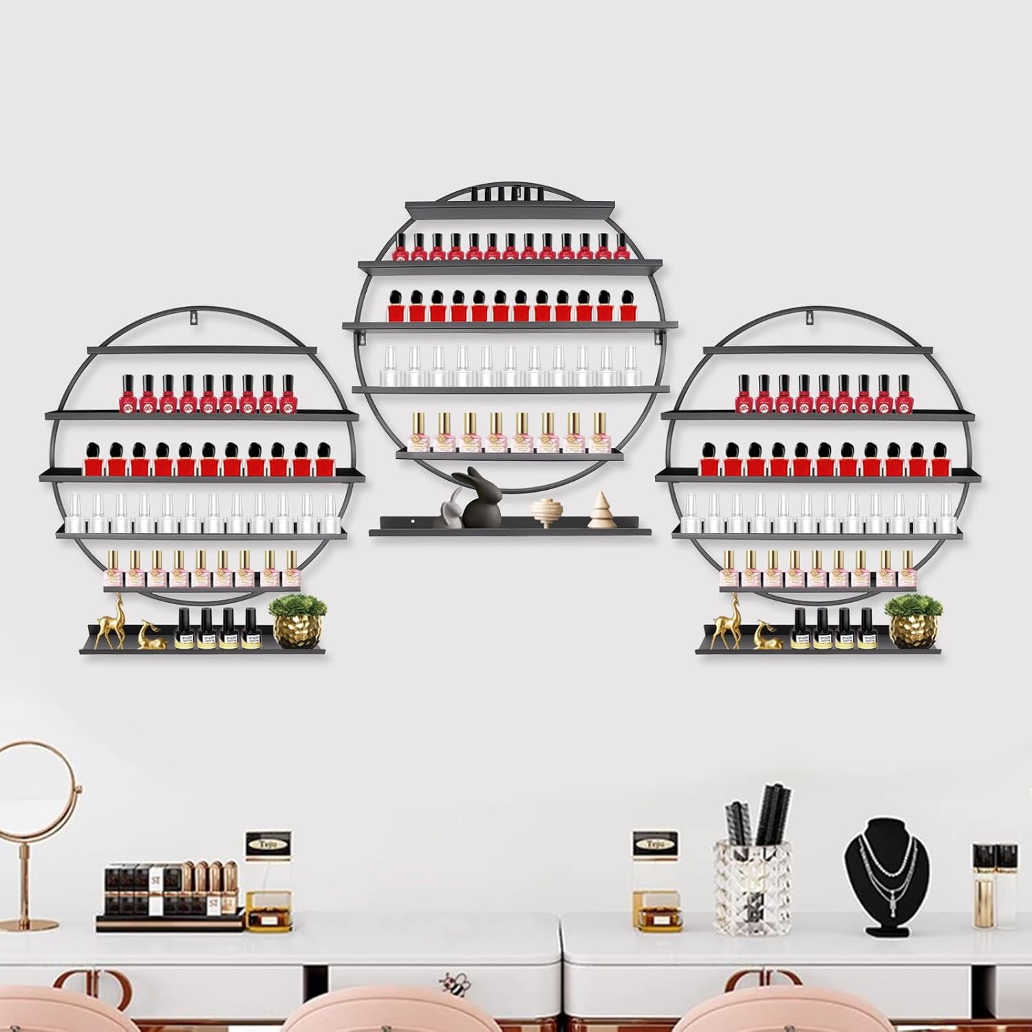 Black Wall-Mounted Nail Polish Rack, 6-Tier Round Shelf, Cosmetic ...