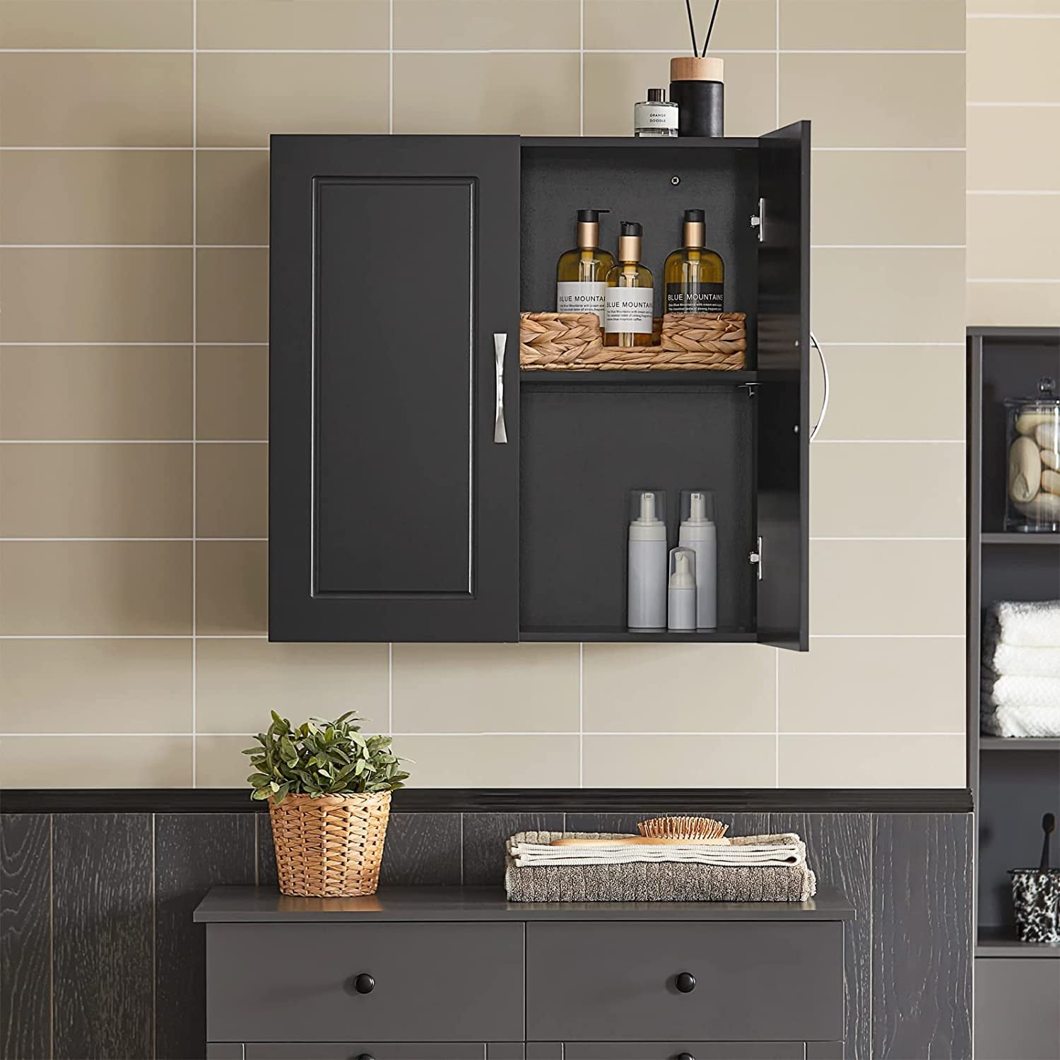 Black Wall-Mounted Storage Cabinet - Multi-Purpose Cabinet for Kitchen, Bathroom & Laundry Room ...
