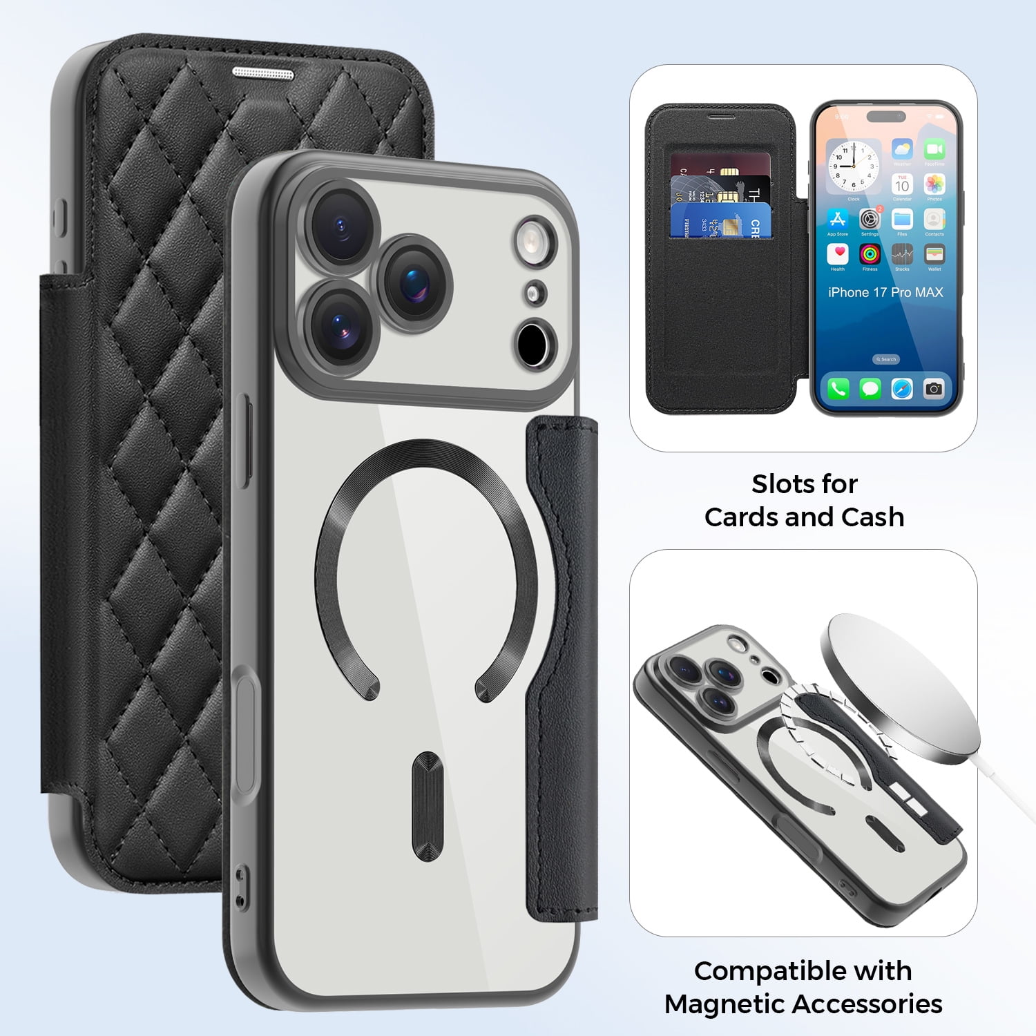 Black Wallet Case for iPhone 17 Pro Max, MagSafe Compatible, Quilted ...