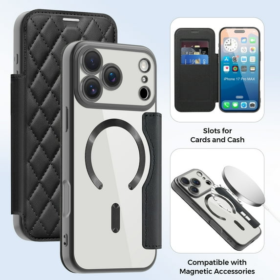 Black Wallet Case for iPhone 17 Pro Max, MagSafe Compatible, Quilted ...