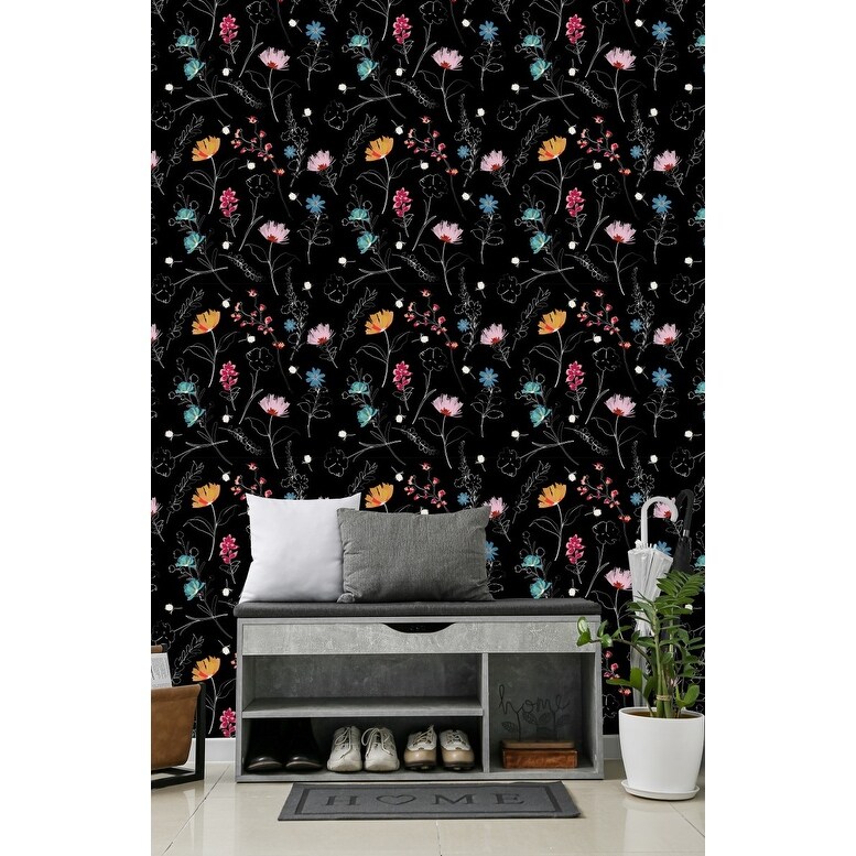 Black Wallpaper with Contour of Flowers Pre-Pasted - 25"W x 125"H ...