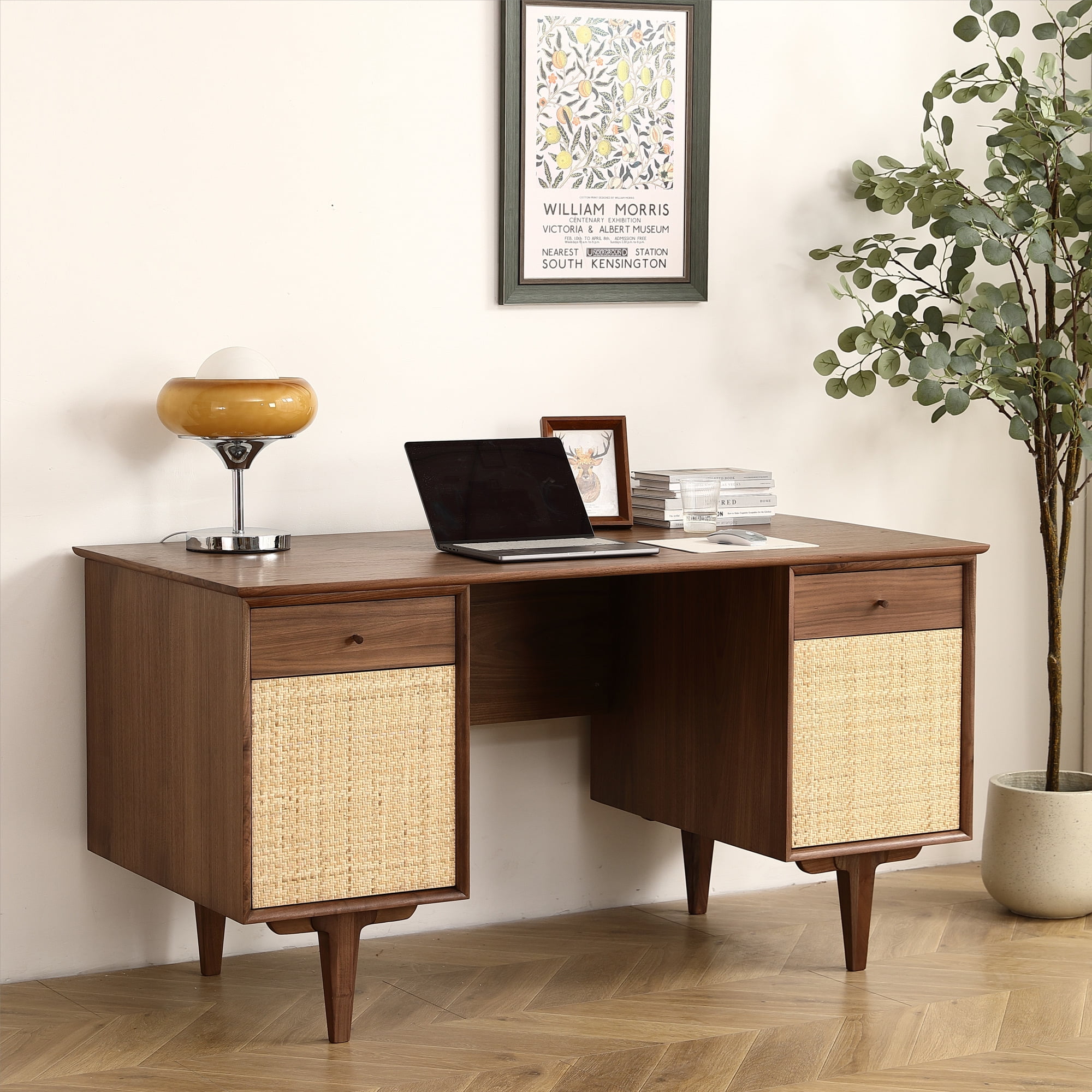 Black Walnut Desk With Natural Rattan Net Large Home Office Workstation ...