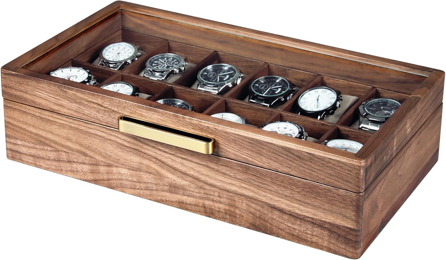 Black Walnut Wood Watch Case for Men, 12-Slot Watch Box With Glass Lid ...