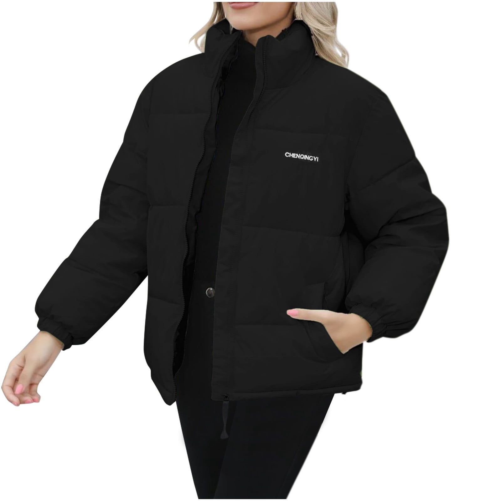 Black Warm Puffer Plain for Ladies Fall Winter Padded Jacket Outfits ...