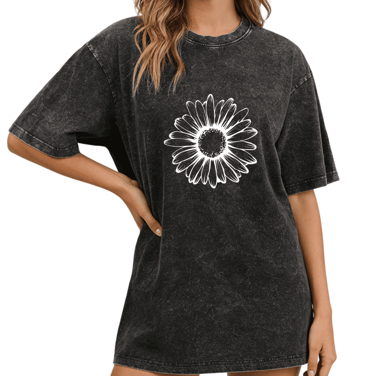 Black Wash Print Tshirt Graphic Tees Shirts Line Art Daisy Daily Casual ...