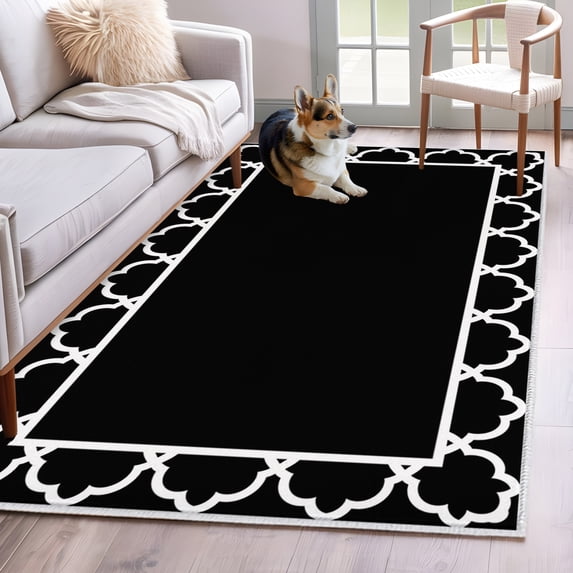 Black Washable Area Rug 4x6 Geometric Morocco Printed Border Modern ...