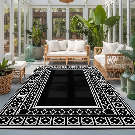 Black Washable Living Room Rugs 5'x7', Boho Diamond Pattern Border ...