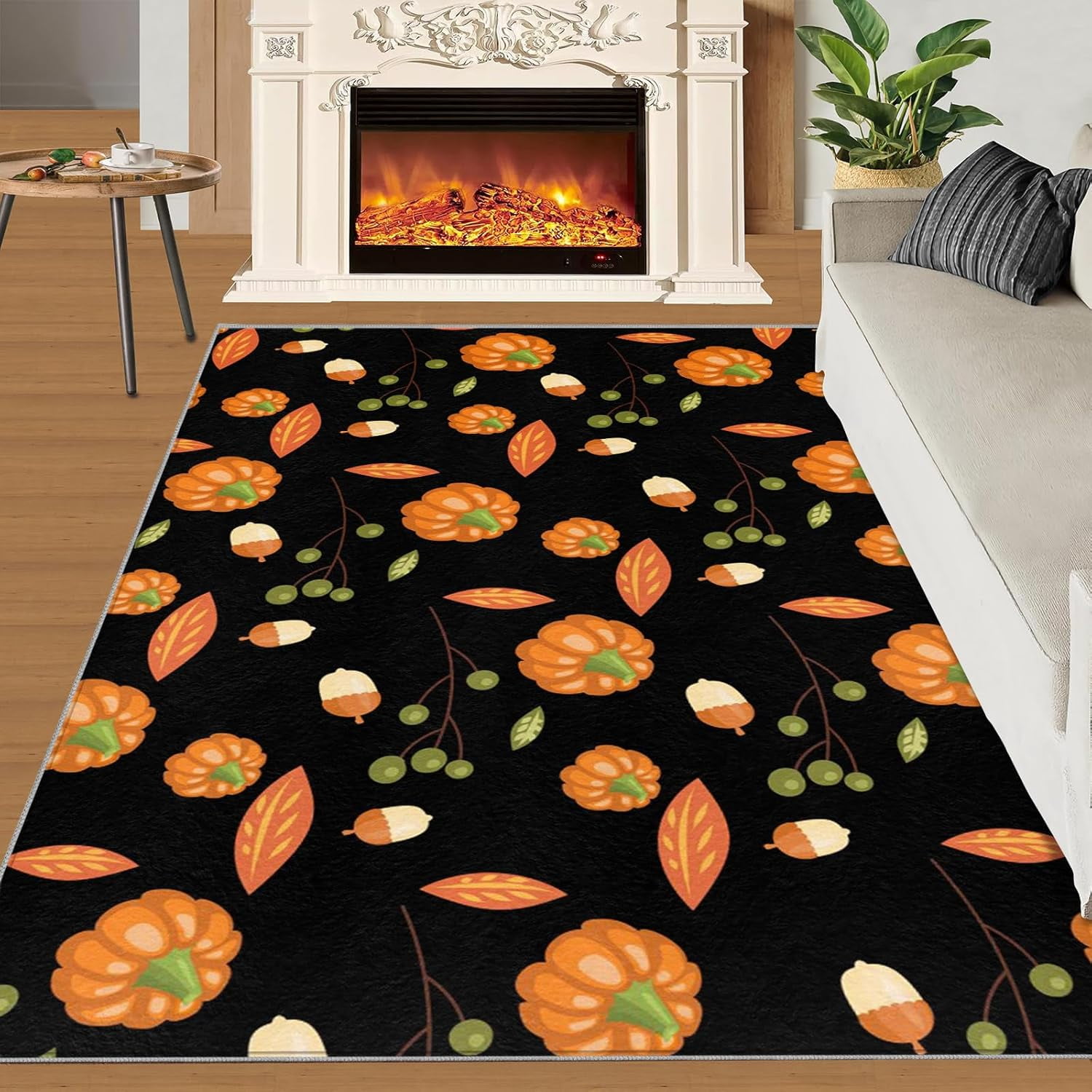 Black Washable Rug Autumn Night Pumpkin Rug, Neutral Rug Non-Skid Easy ...